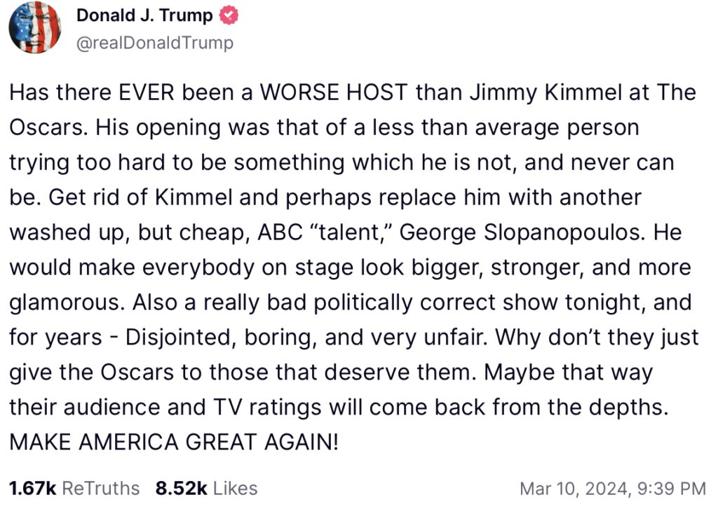 What Did Donald Trump Tweet Oscars 2024