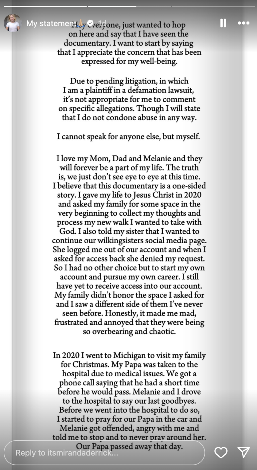 Miranda Derrick Statement To Dancing For the Devil Documentary